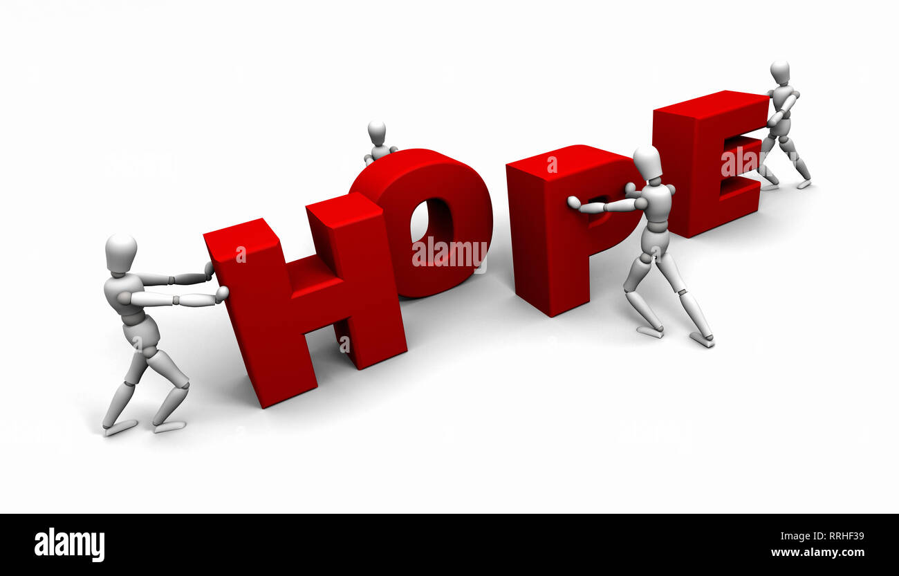 3D mannequins pushing red letters together to spell HOPE Stock Photo ...
