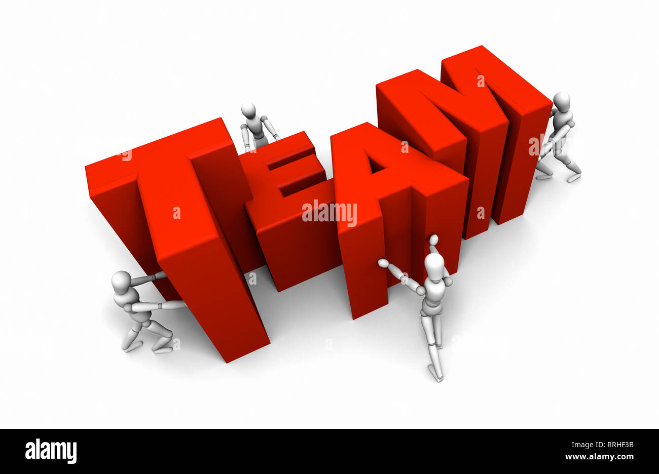 Four 3D mannequins Pushing Together letters to form the Word TEAM in ...