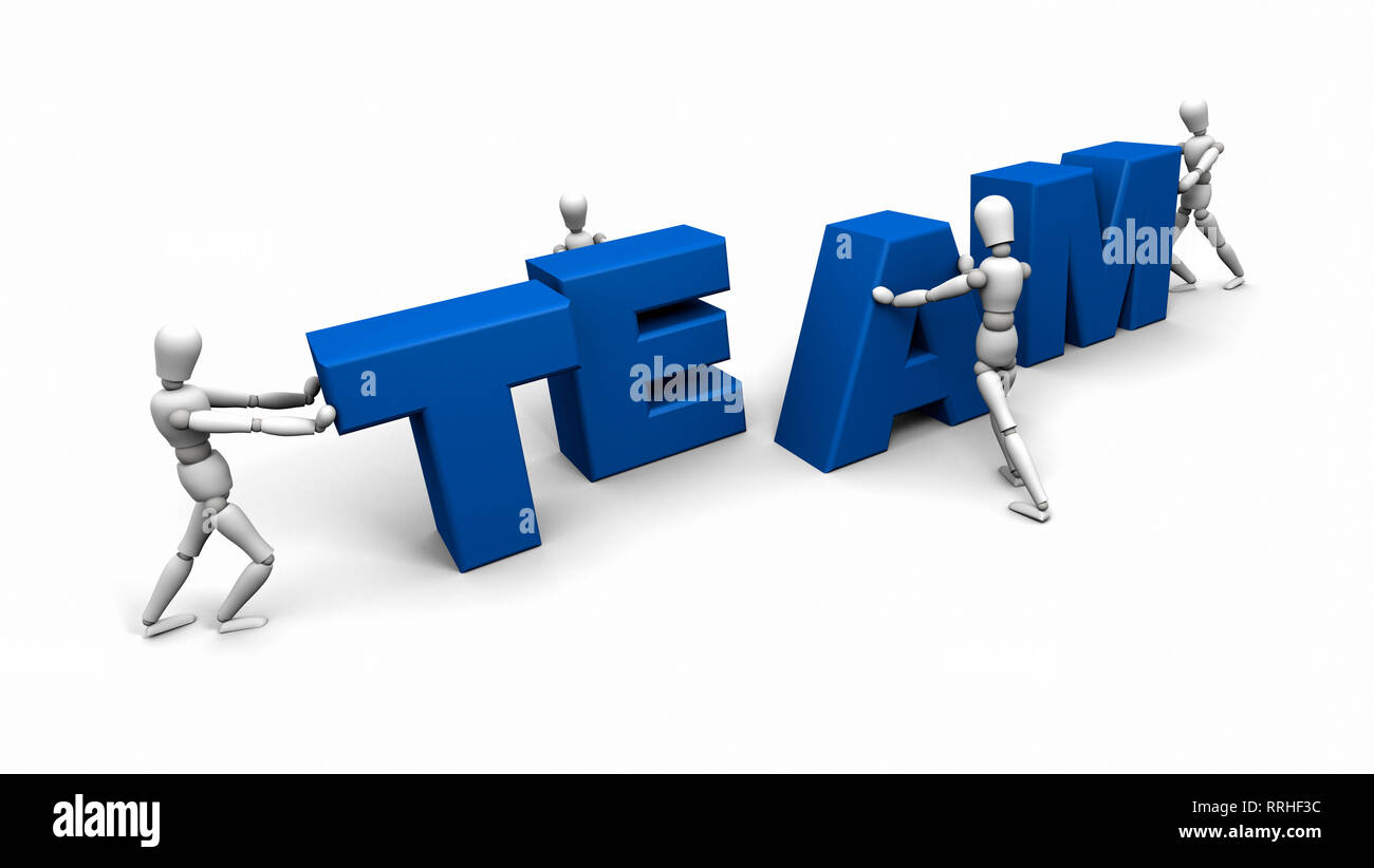 Four 3D mannequins Pushing Together letters to form the Word 'TEAM' in ...