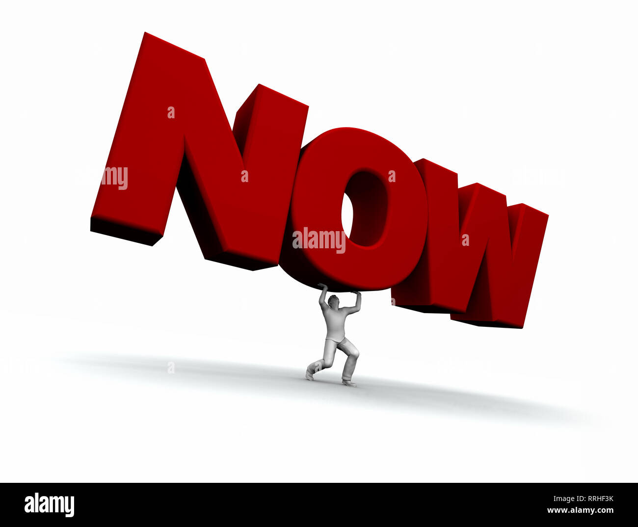3D illustration of man lifting the word NOW. 3D illustration isolated ...