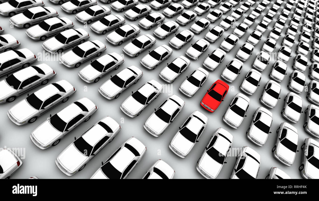 Hundreds of generic cars. The mystery car is red. DOF, focus is on red ...