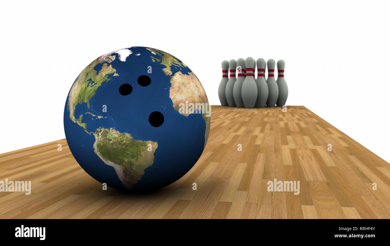 High resolution raytraced 3D render of Earth bowling ball and pins in ...