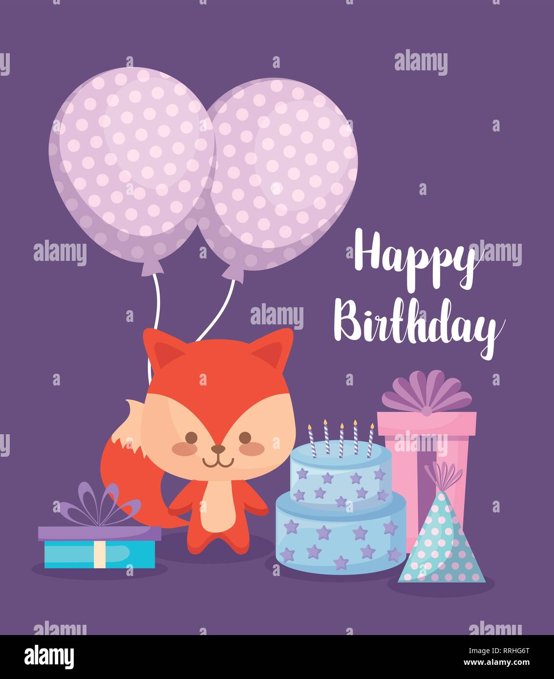 happy birthday card with cute fox vector illustration design Stock ...