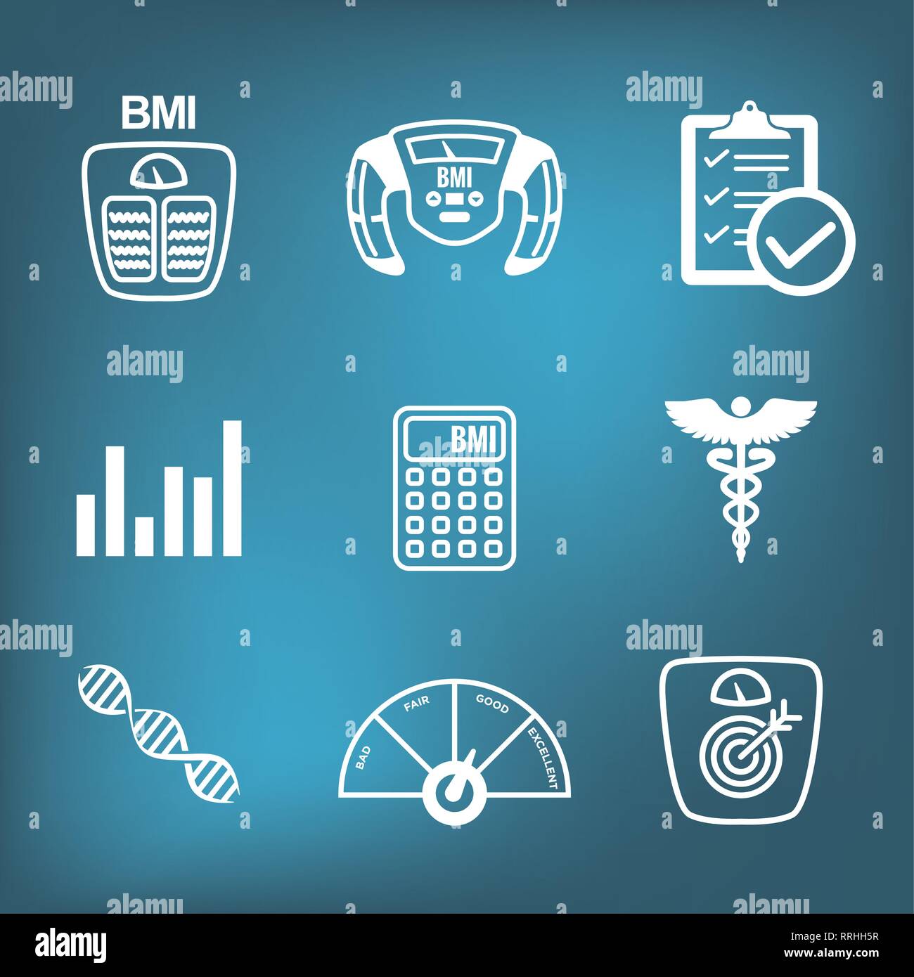 BMI / Body Mass Index Icons w scale, indicator, and calculator Stock ...