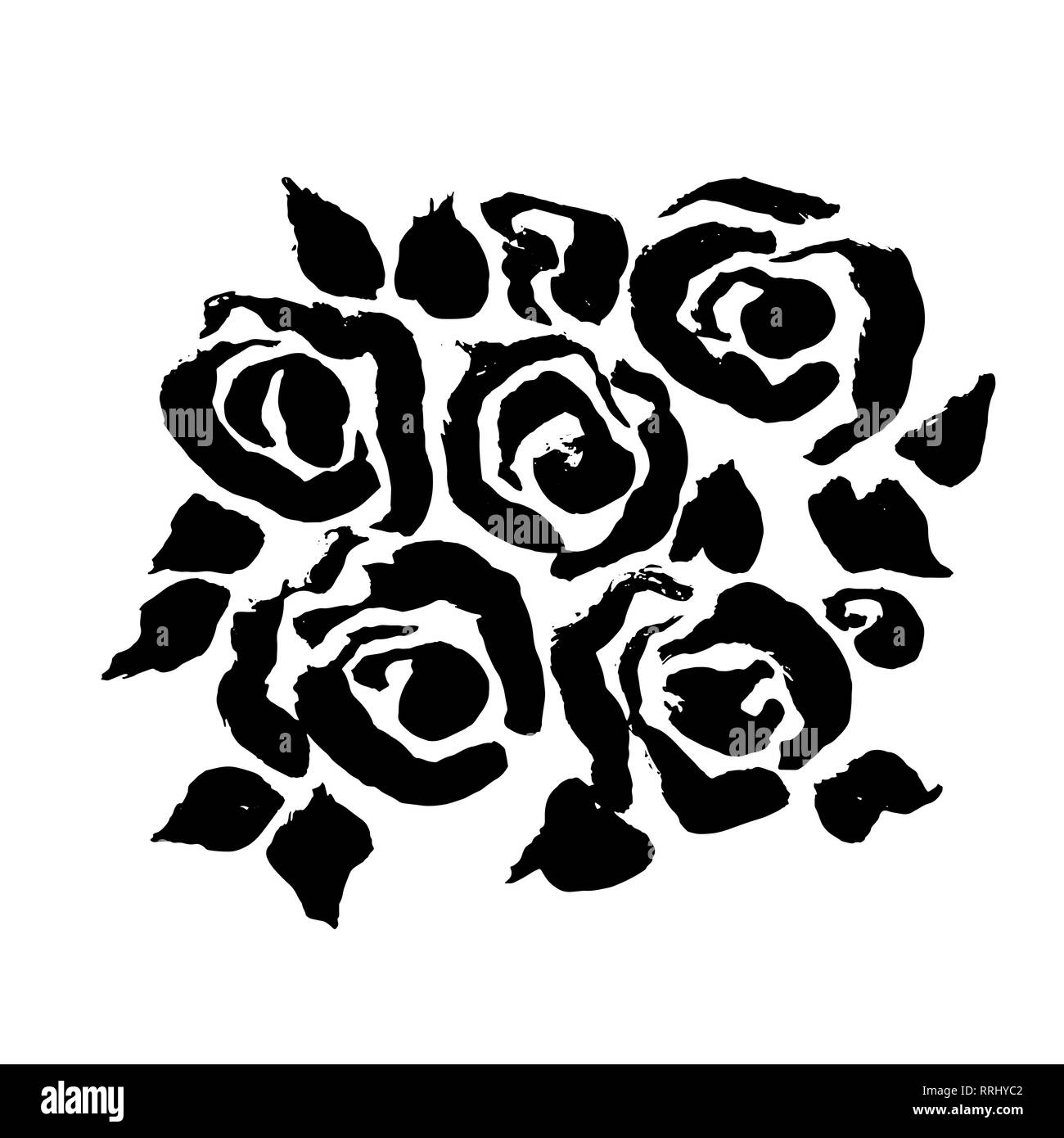Abstract grunge ink flower background. Roses black brush pattern ...