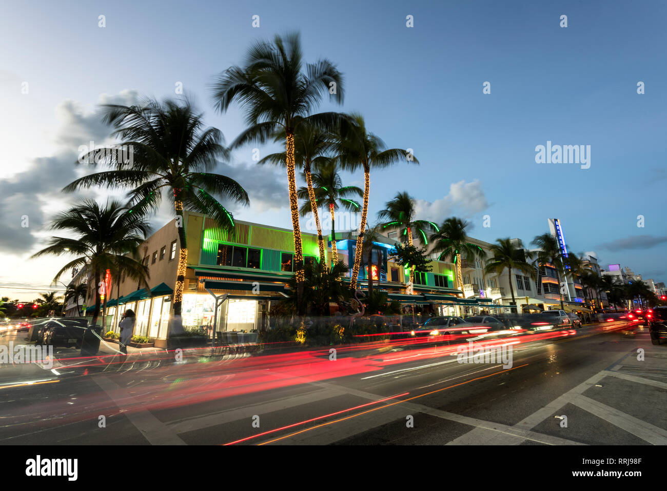 Art Deco architecture at night on Ocean Drive, South Beach, Miami Beach ...
