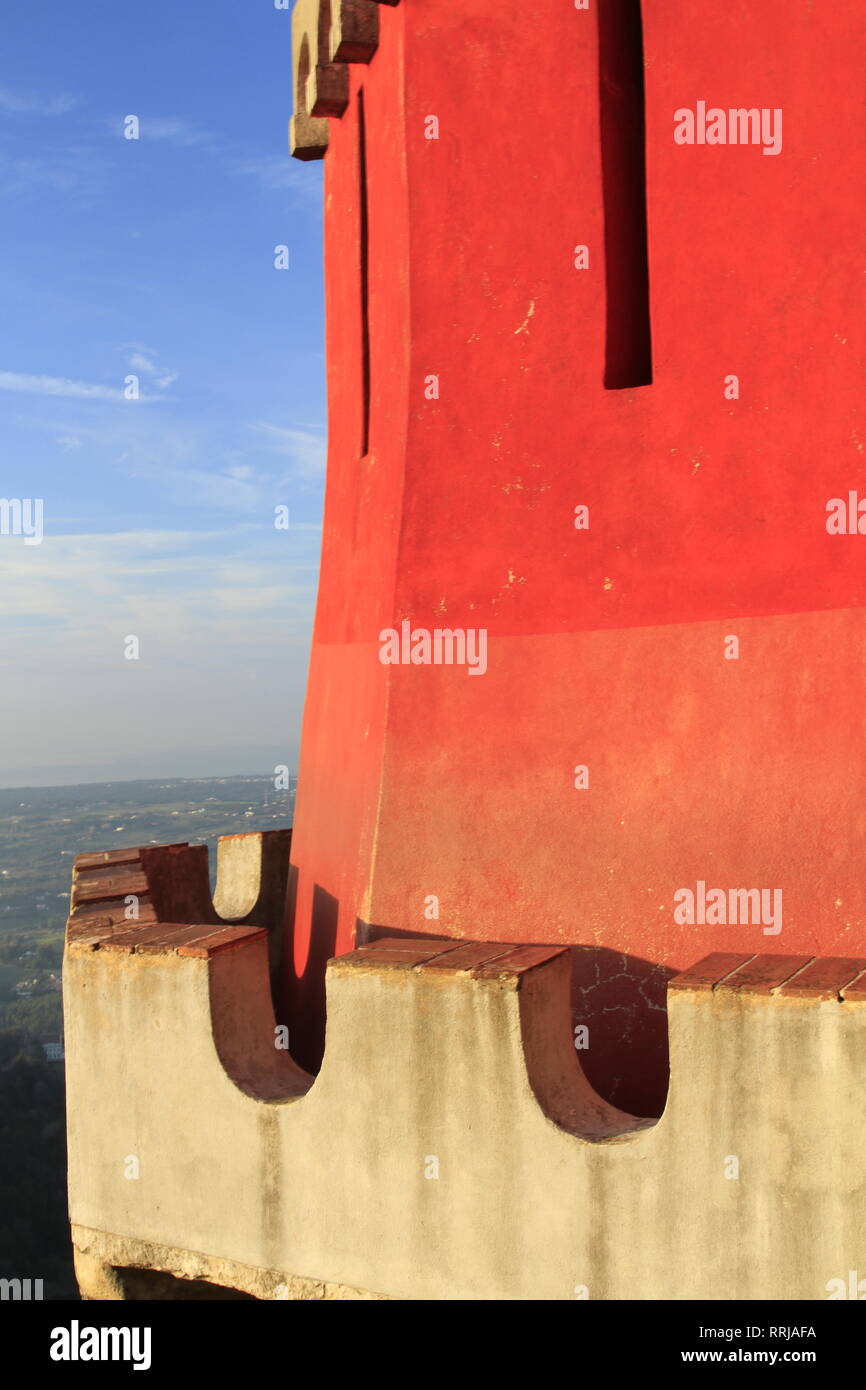Red turret on the castle wall walk, Pena Palace, Sintra, Portugal Stock ...