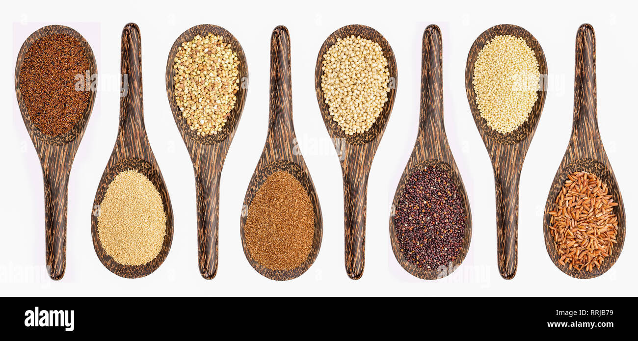 variety of gluten free grains (from left: kaniwa, amaranth, buckwheat ...
