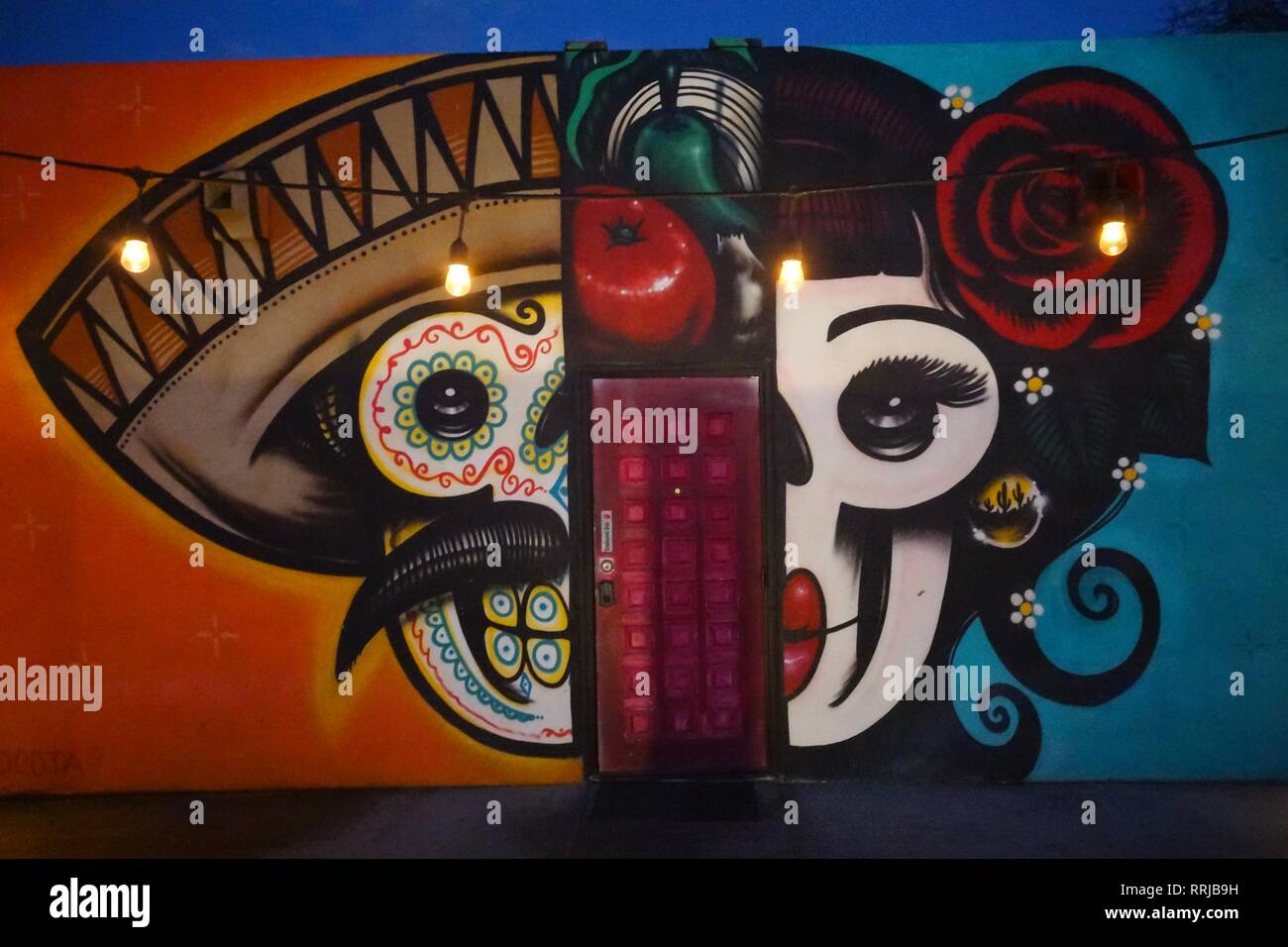 A Spanish themed mural of a male and female skeleton on either side of ...