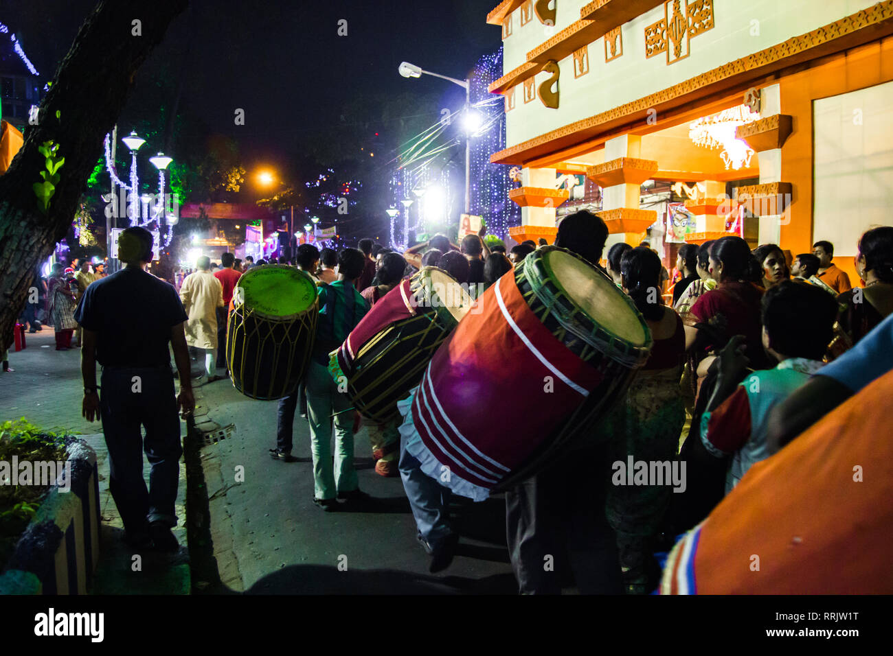 September, 2017,Kolkata,India. Dhaaki artists in street during durga ...