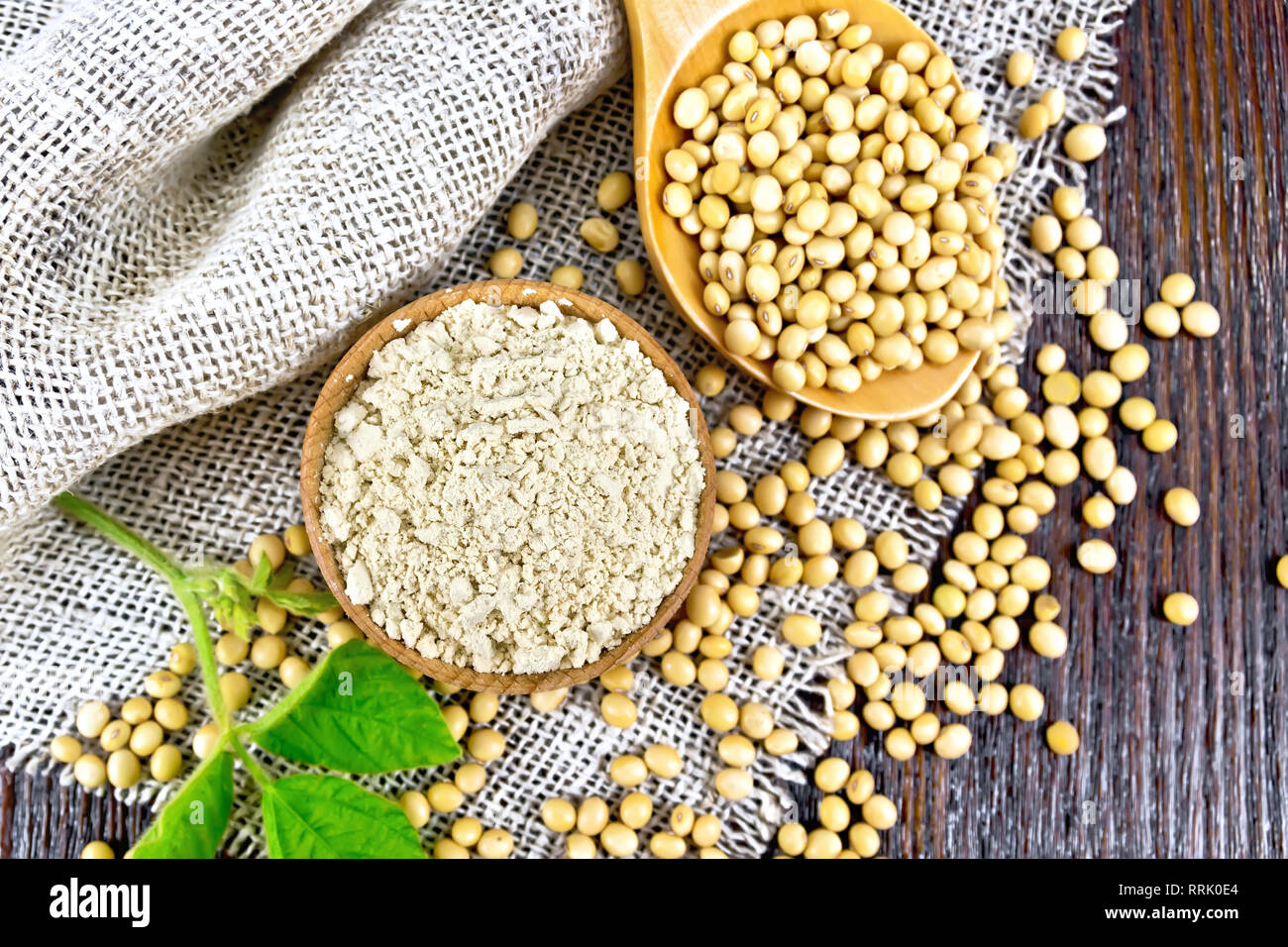 Soy flour in the bowl, soybeans in a spoon and on sackcloth, green soya ...