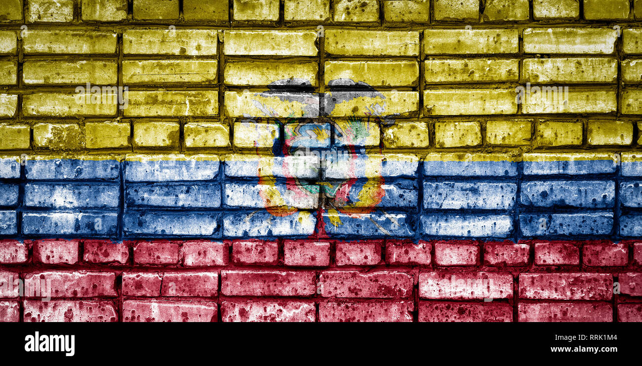 National flag of Ecuador on a brick background. Concept image for ...