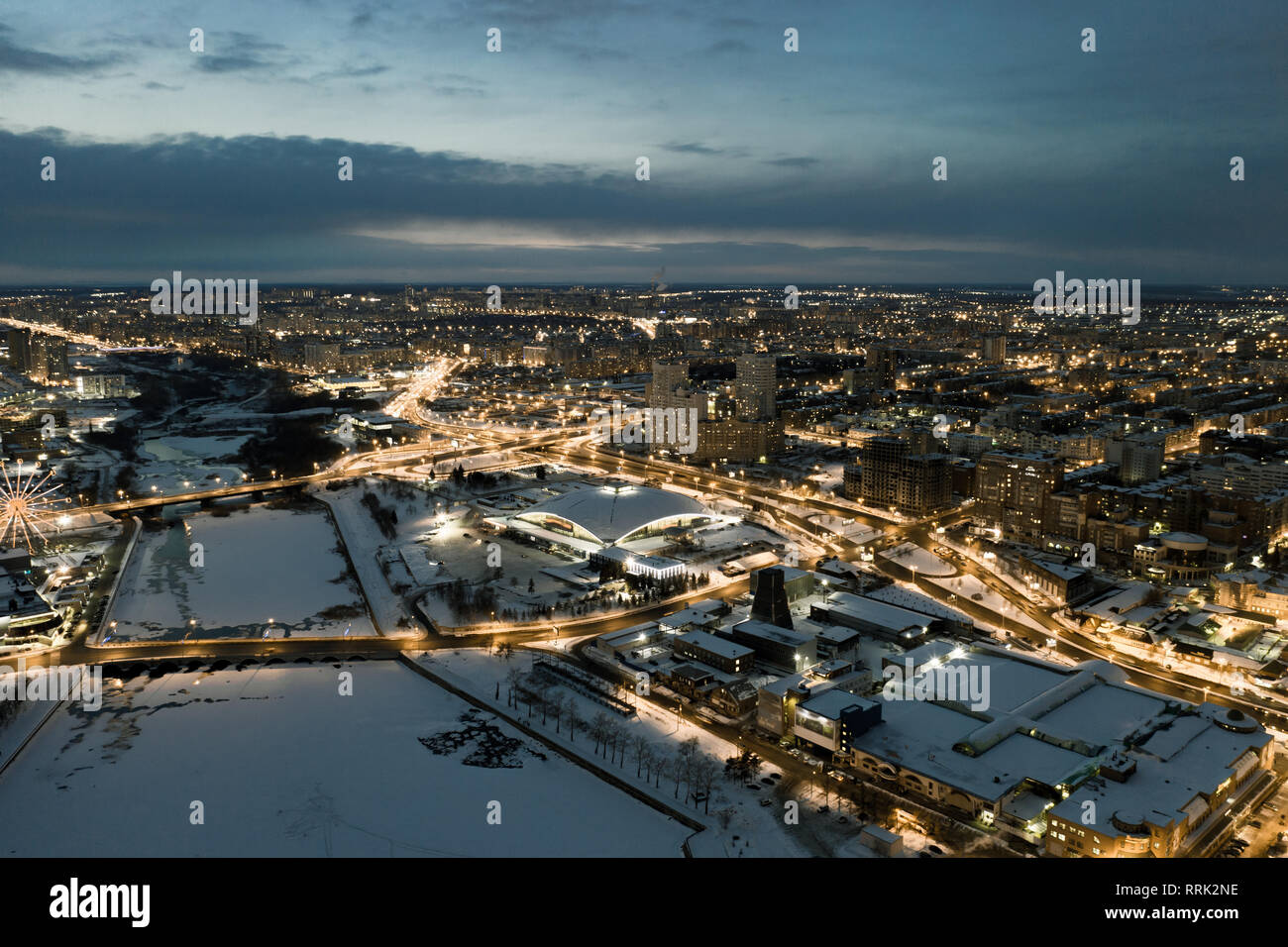 Aerial drone panorama; beautiful view Chelyabinsk city with illuminated ...