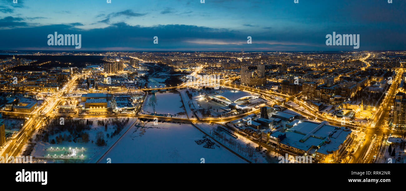 Aerial drone panorama; beautiful view Chelyabinsk city with illuminated ...
