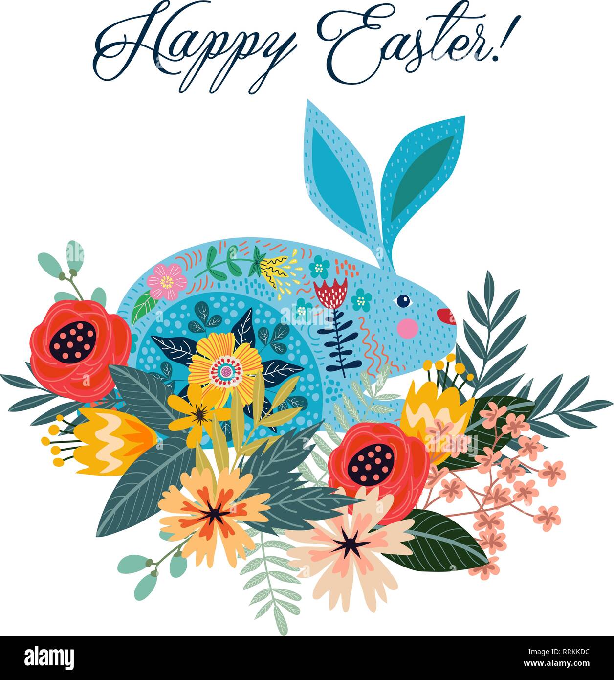 Happy Easter. Cartoon cute folk rabbit with bouquet of flowers and text ...