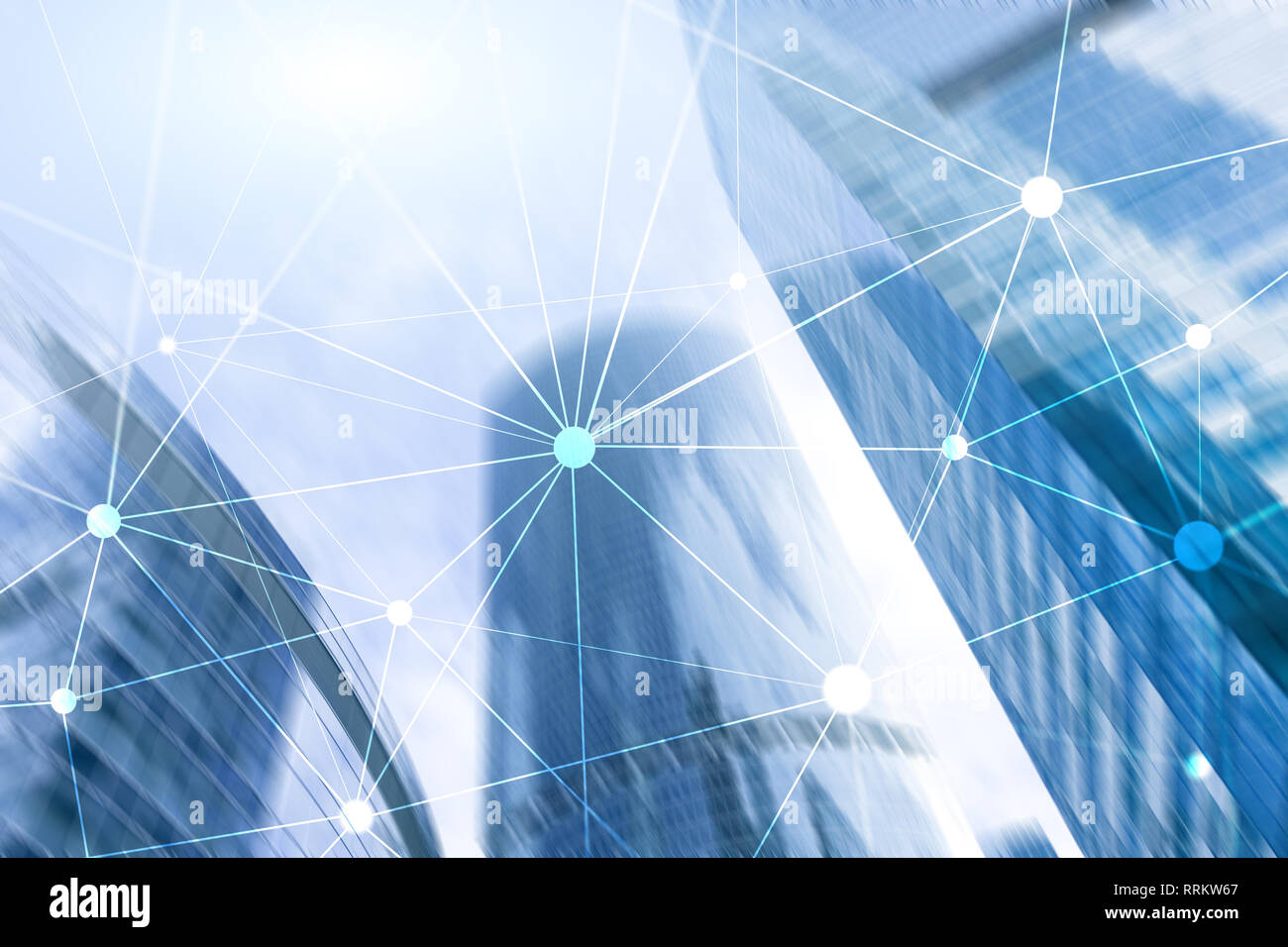 Blockchain network on blurred skyscrapers background. Financial ...