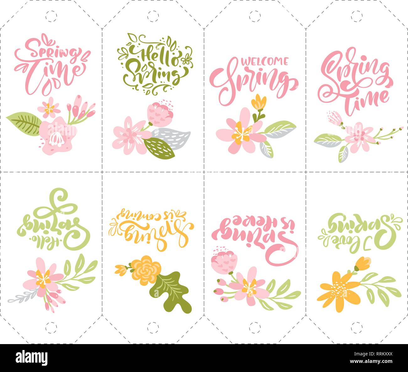 Set of Spring flower herbs tags with calligraphic lettering text. Flat ...