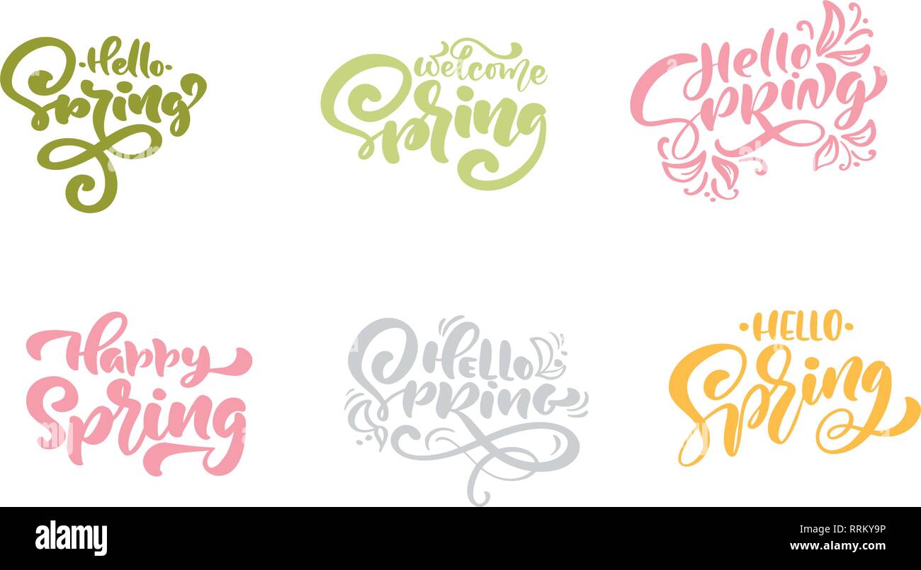 Set of six hello Spring Pastel Calligraphy lettering phrases. Vector ...