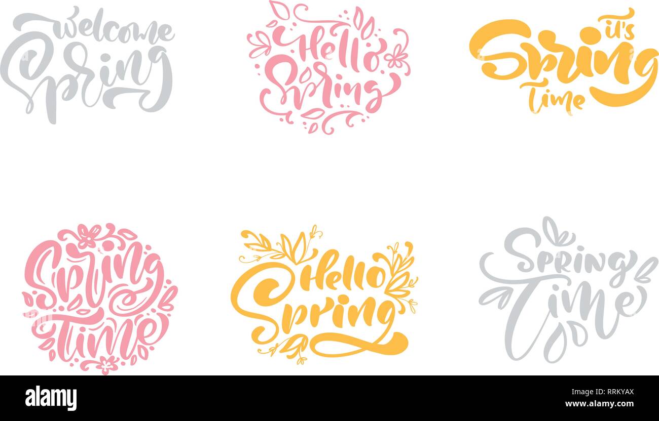Set of six Spring time Pastel Calligraphy lettering phrases. Vector ...
