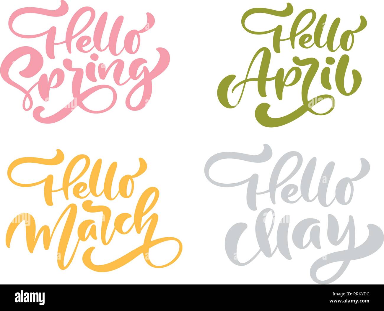 Set of six hello Spring April, March, May Pastel Calligraphy lettering ...