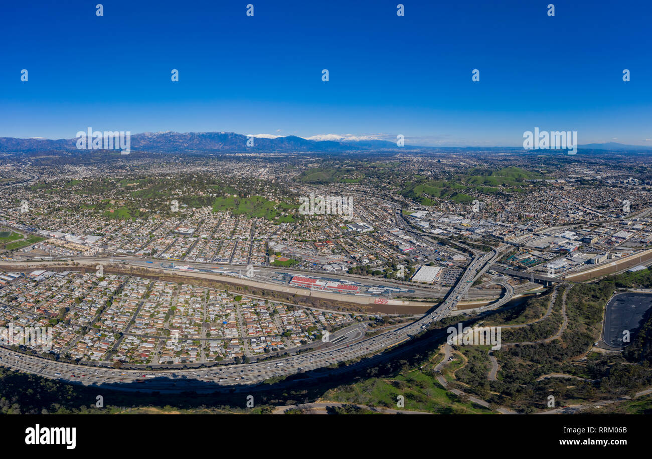 Aerial morning view of the Los Angeles city area with Mt. Wilson, Mt ...