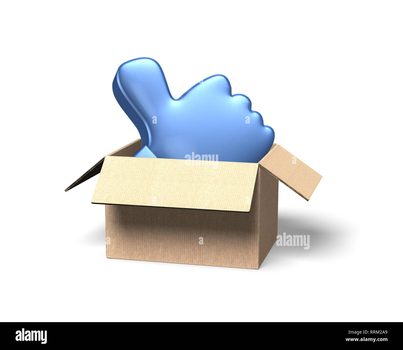 Blue thumb up in opened cardboard box, isolated on white background, 3D ...