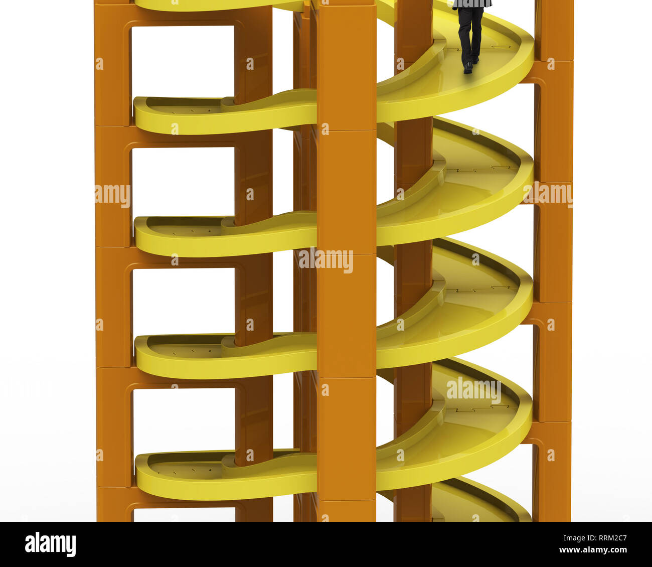 Man walking on unfinished spiral track in stacking blocks, isolated on ...