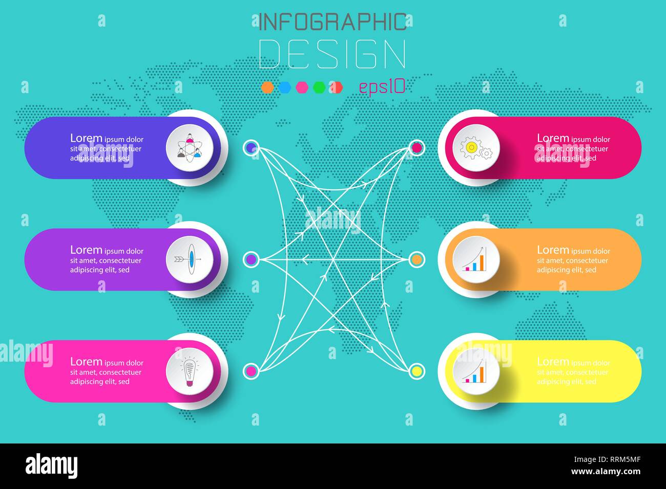 Six labels with business icon and world map background infographics ...