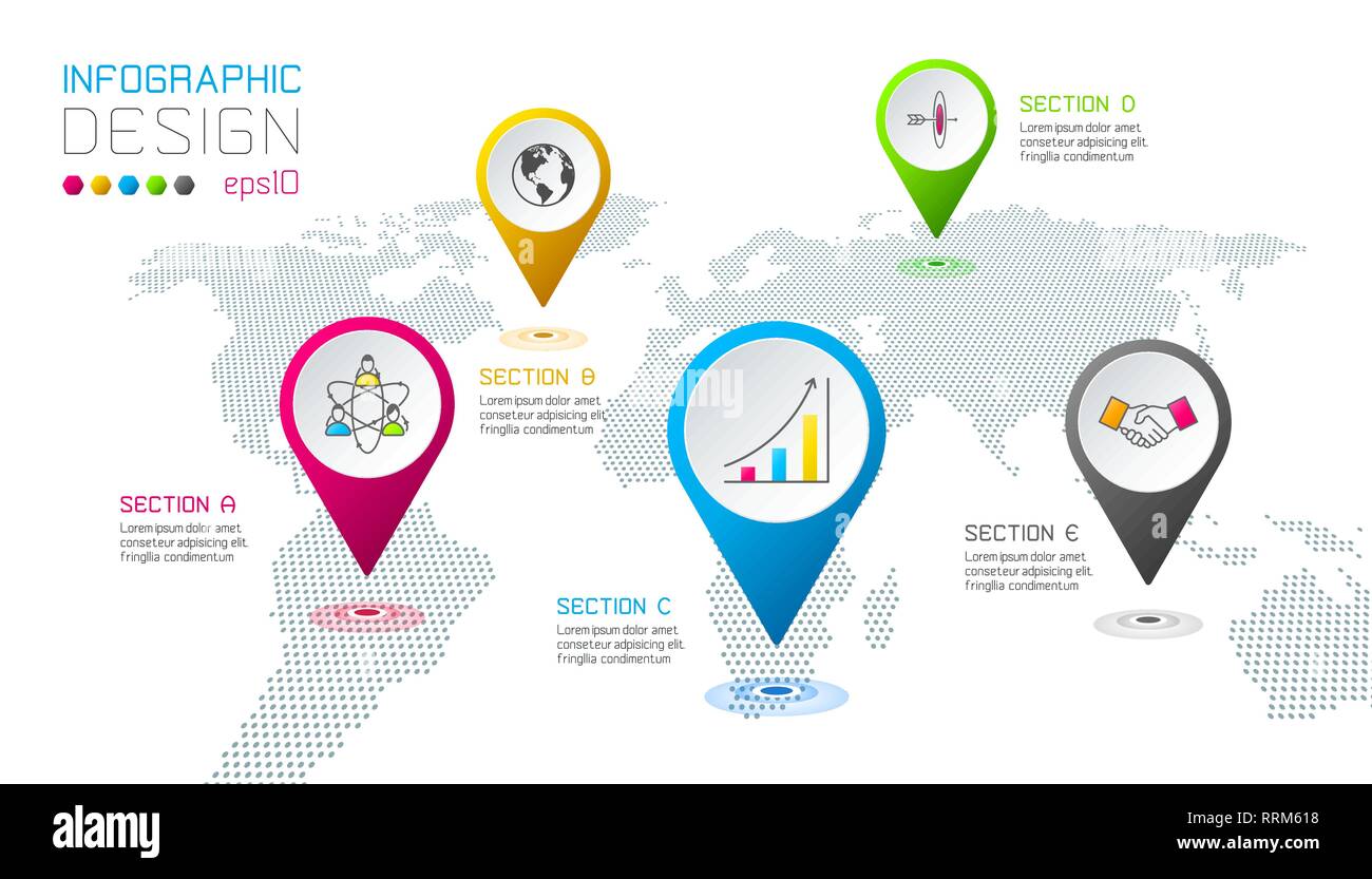 Business pointing labels shape infographic around the world map Stock ...