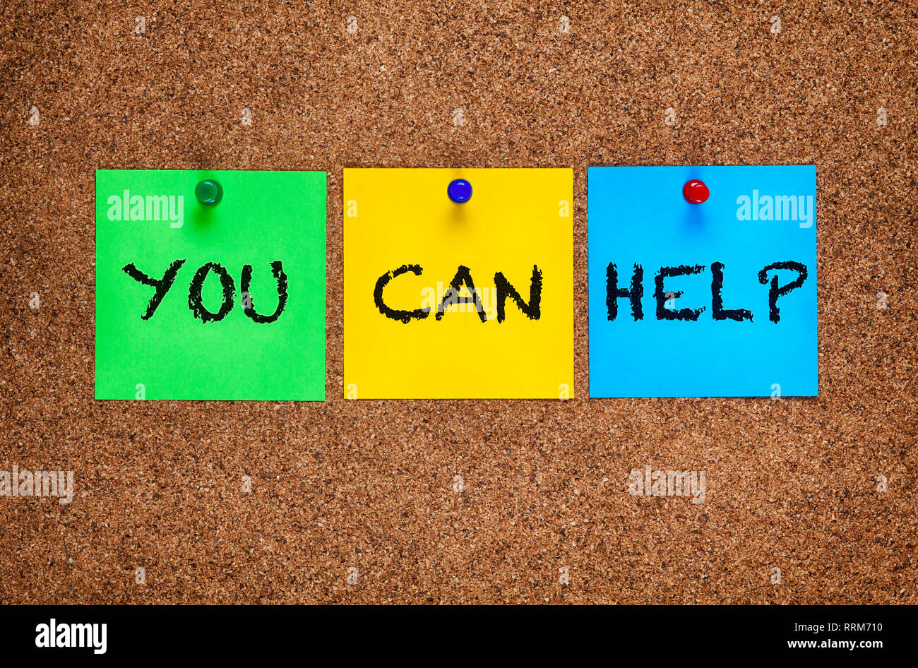 Three blanks post-it notes on cork board with words You Can Help Stock ...