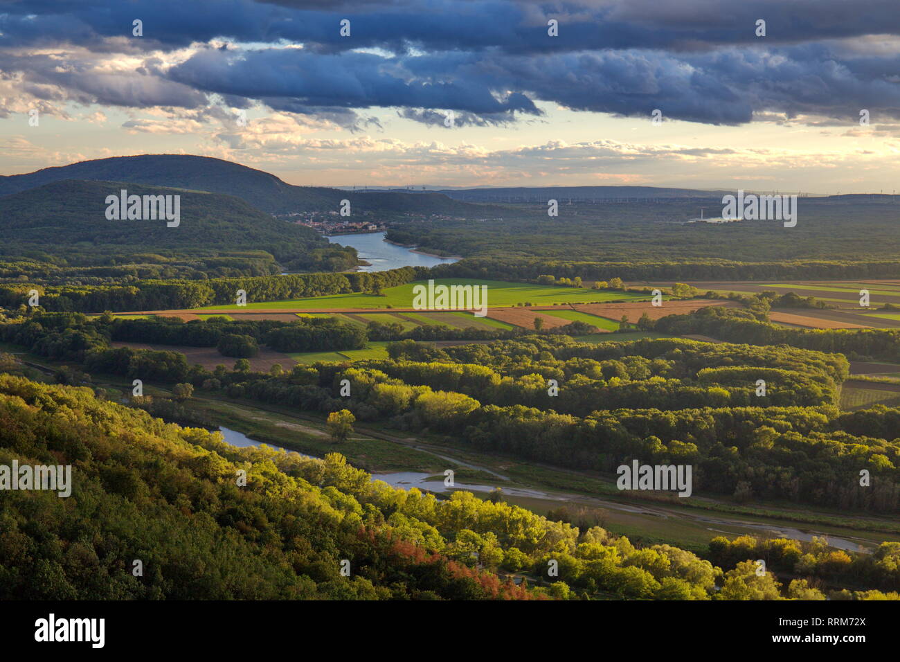 Agricultural land with forests in Low Austria, country with Danube ...