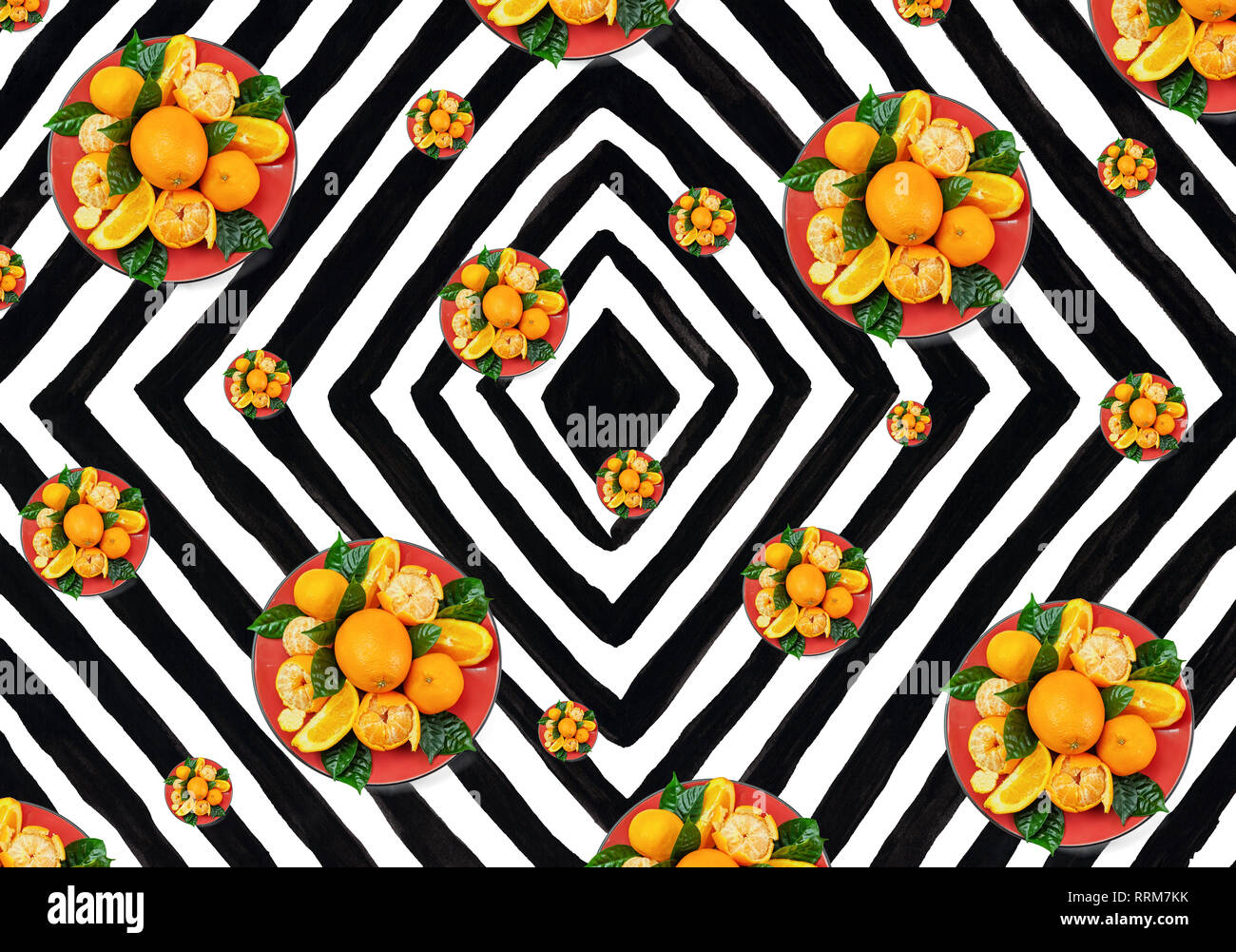 Black and white stripe background plate with orange fruit. Pattern ...