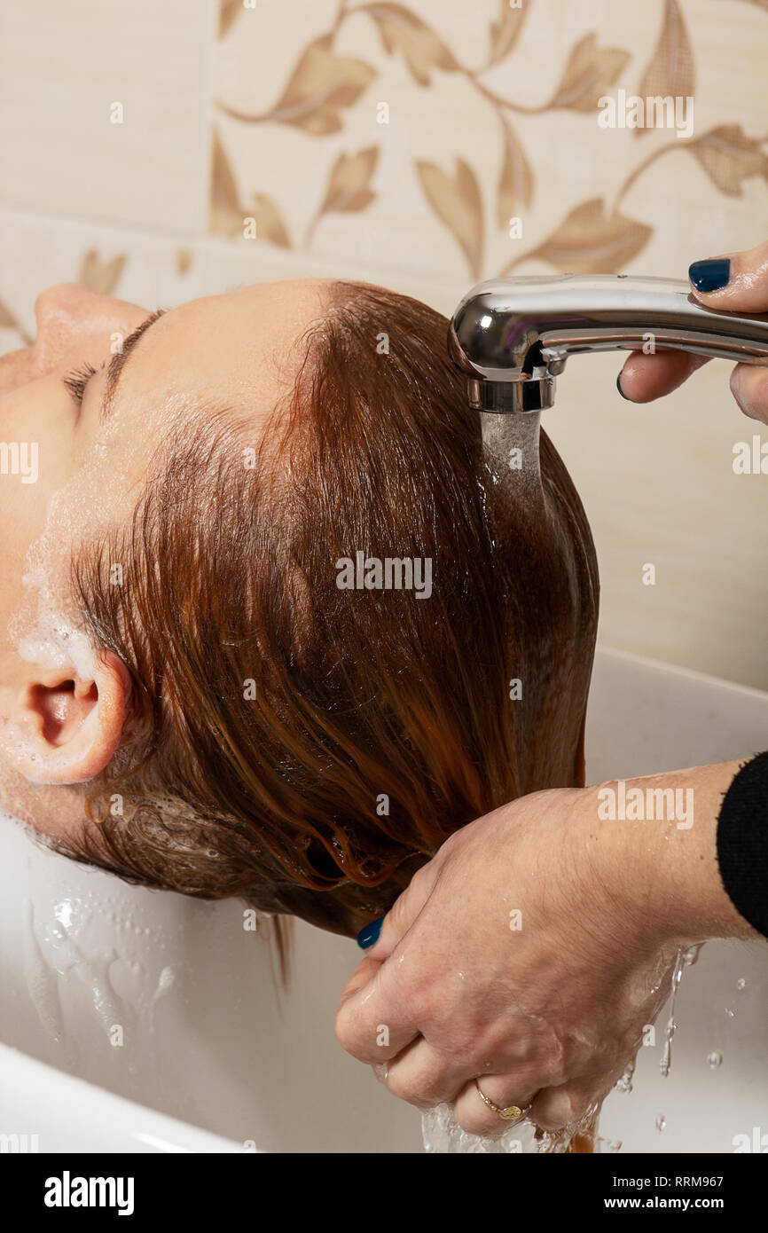 Hairdresser washing a woman's hair Stock Photo - Alamy