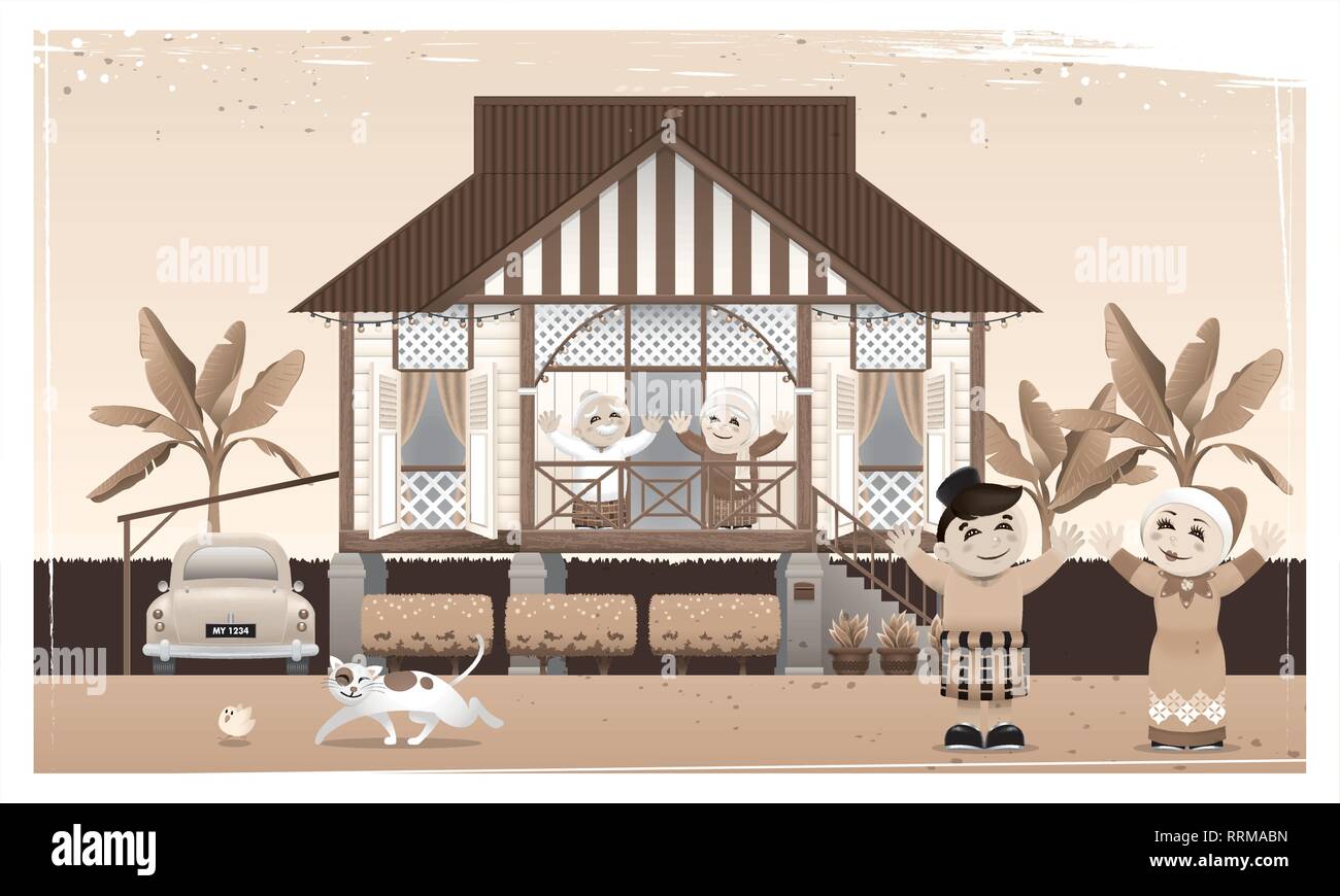 A happy Muslim family and their home town in rural area. Artwork ...