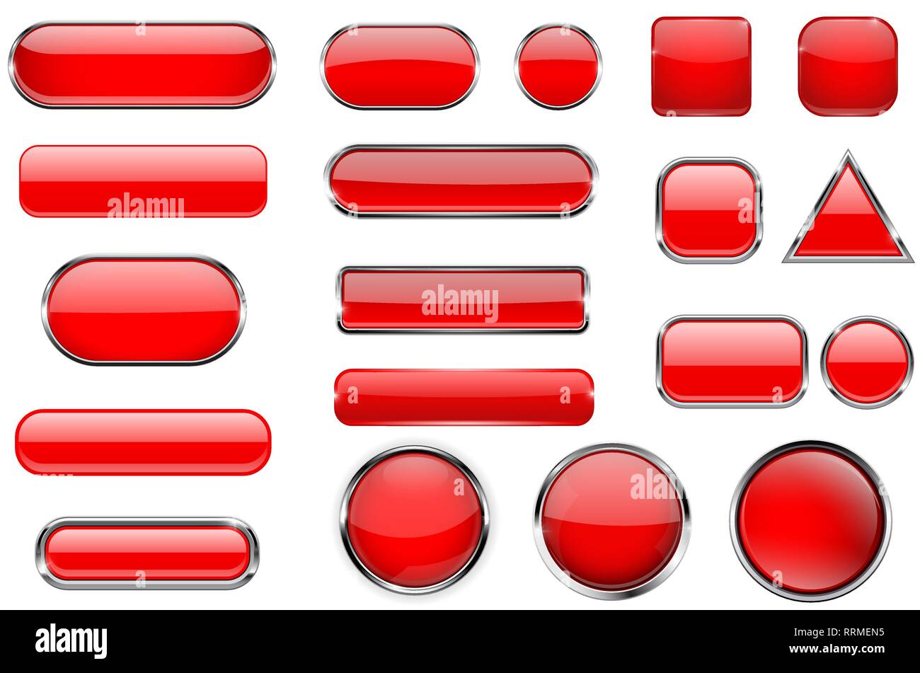 Red glass buttons. Collection of 3d icons with and without chrome frame ...
