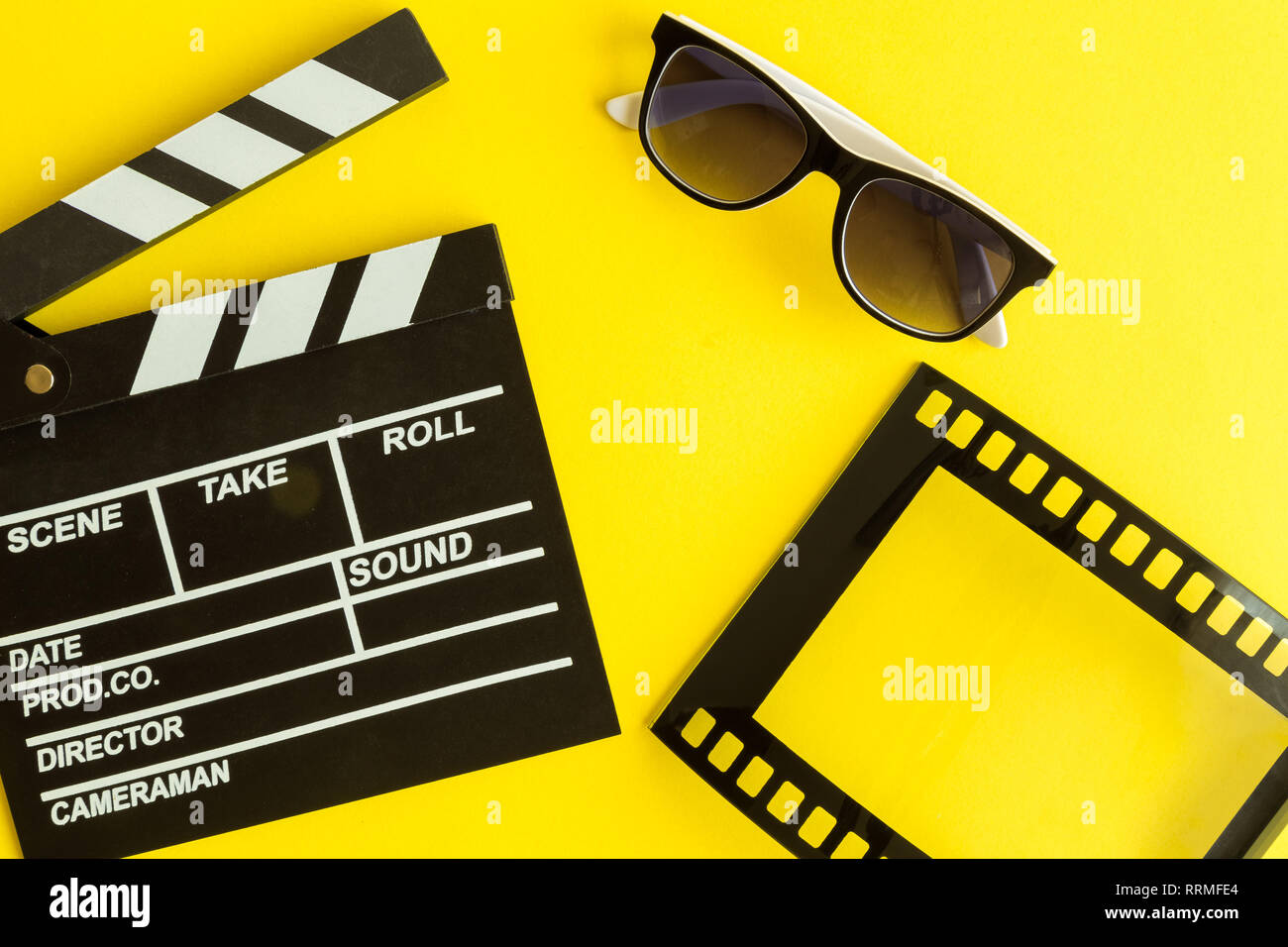Cinema and movie making background. Clapperboard with 3d glasses and ...