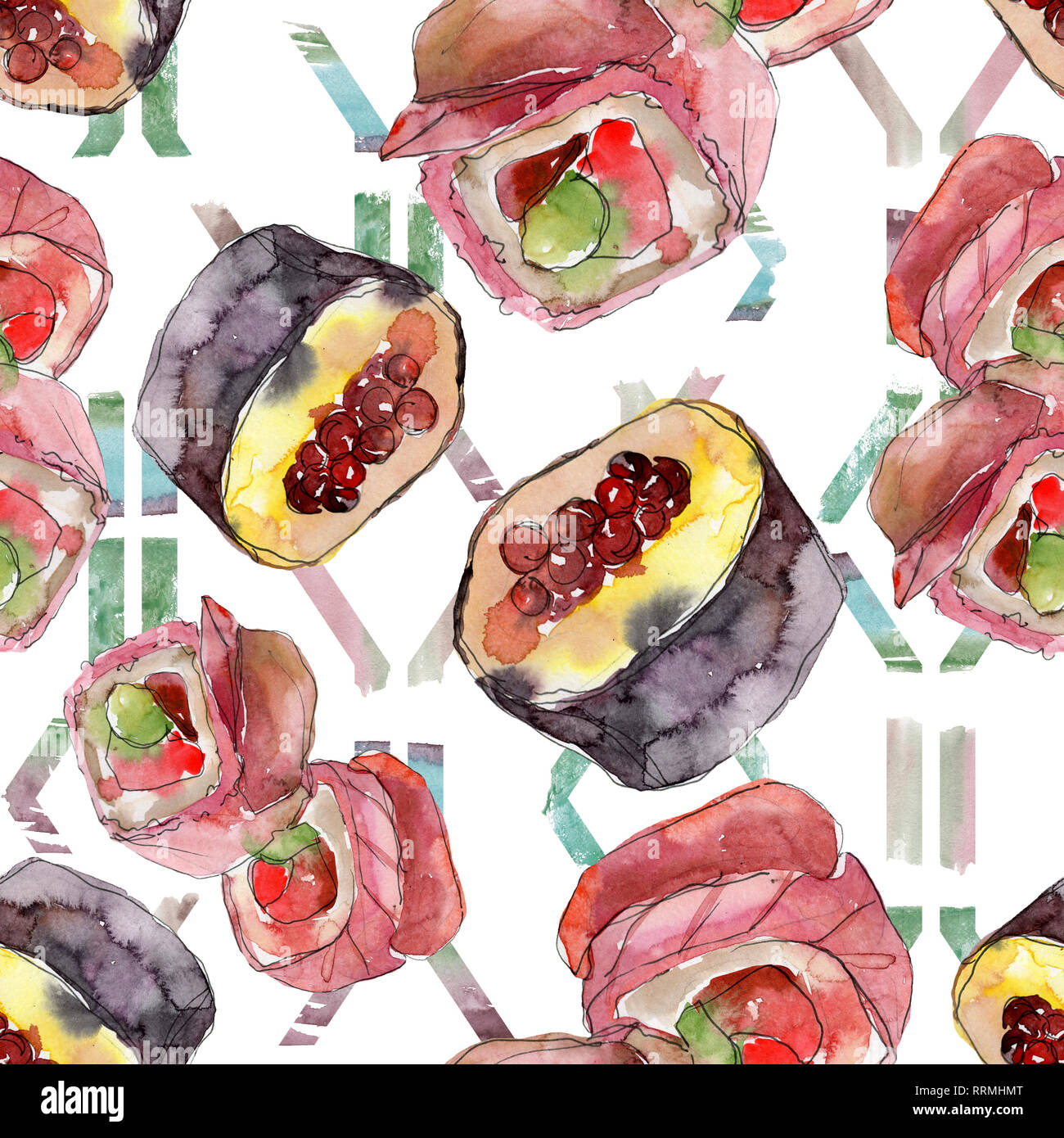 Watercolor sushi set of beautiful tasty japanese food illustration ...