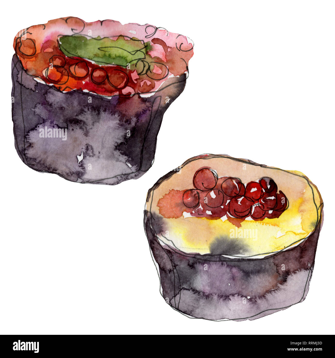 Watercolor sushi set of beautiful tasty japanese food illustration ...