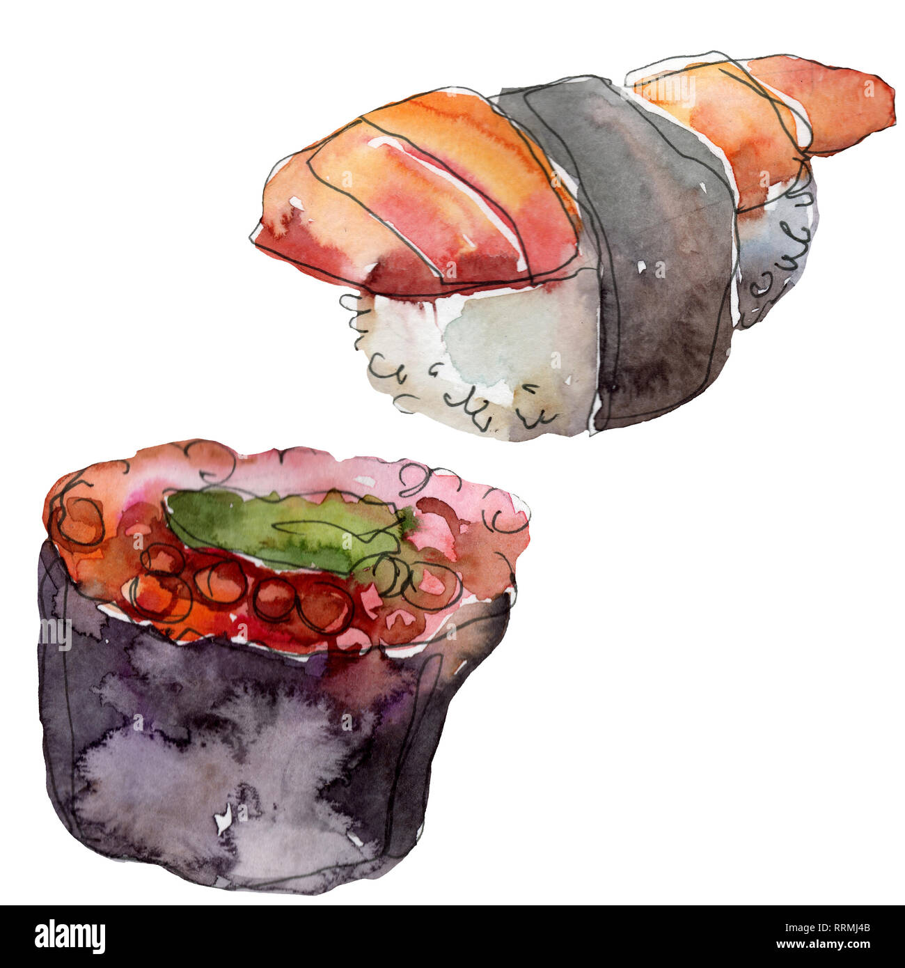 Watercolor sushi set of beautiful tasty japanese food illustration ...