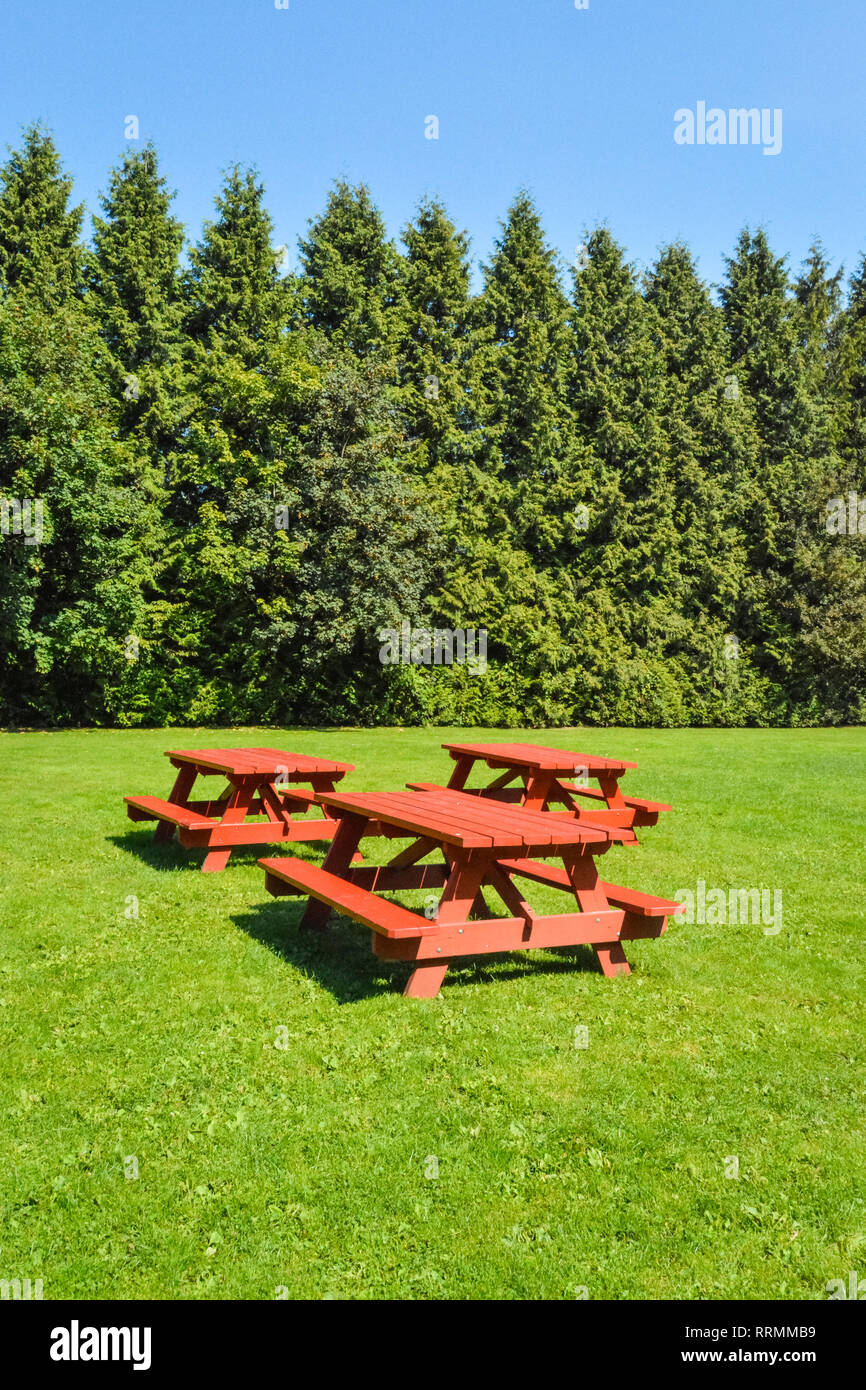 Rest area with red picnic tables on green lawn in a park Stock Photo ...