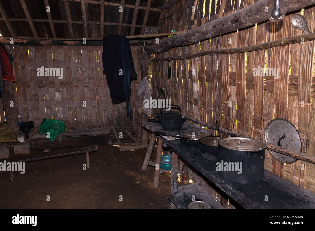 Interior kitchen area of a traditional wooden rural home, Sa Pa ...