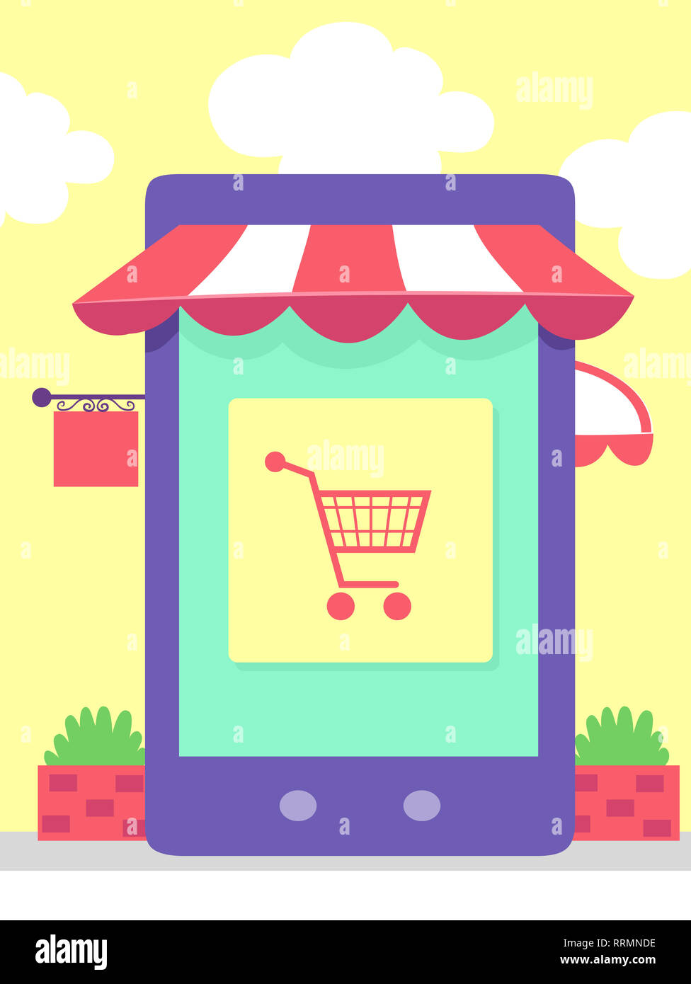 Illustration of a Mobile Phone with Shopping Cart on Screen and Store ...