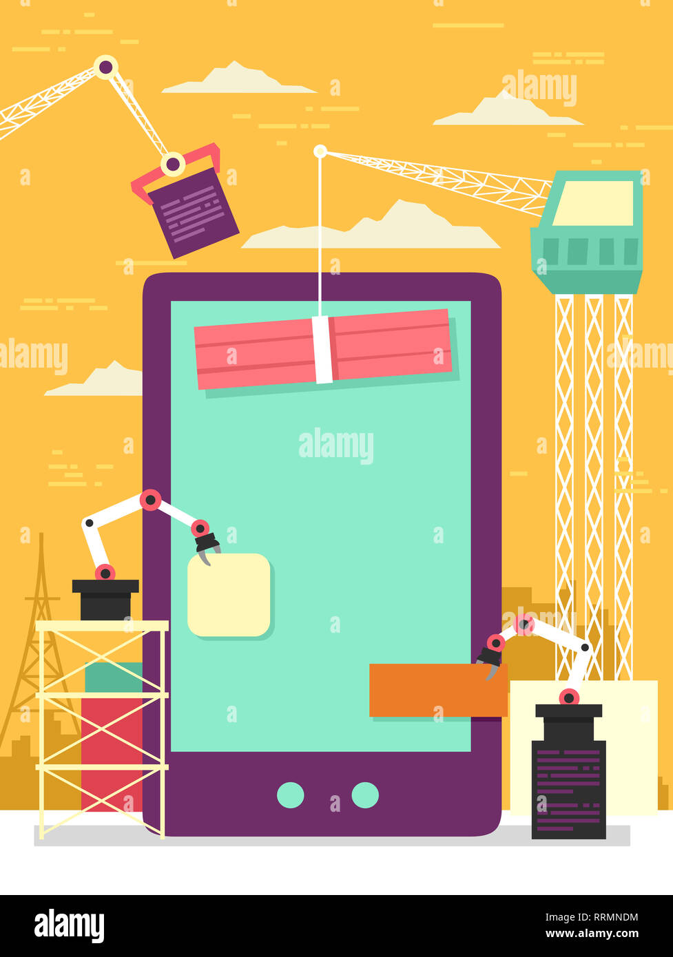 Illustration of a Mobile Phone with Construction Cranes Building a ...
