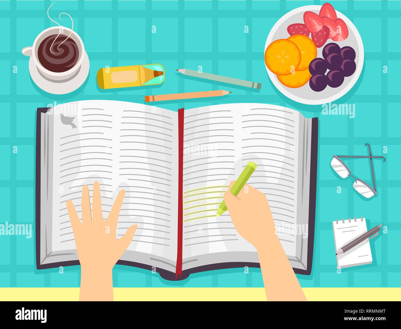 Illustration of a Hand Highlighting Text in Bible with Coffee, Fruits ...
