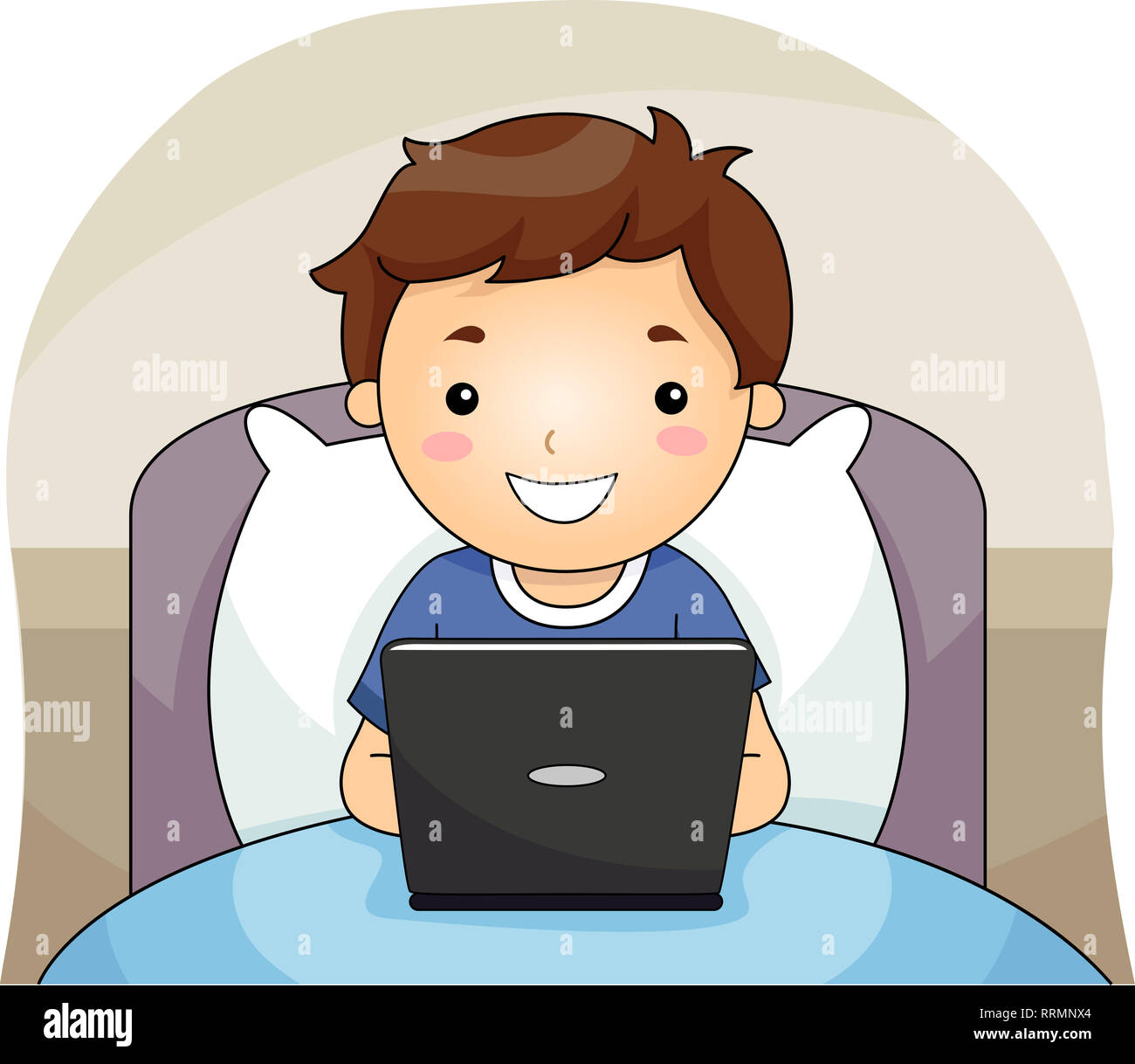 Illustration of a Kid Boy Using a Laptop in Bed at Night Stock Photo ...
