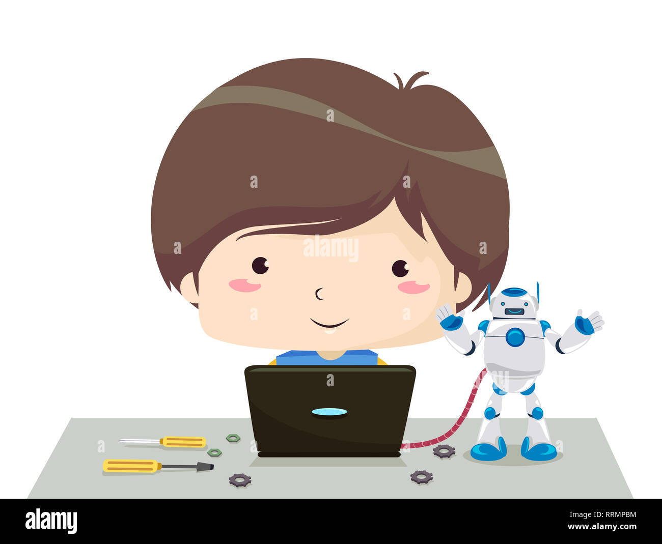 Illustration of a Kid Boy Using a Laptop and Programming a Robot Toy ...