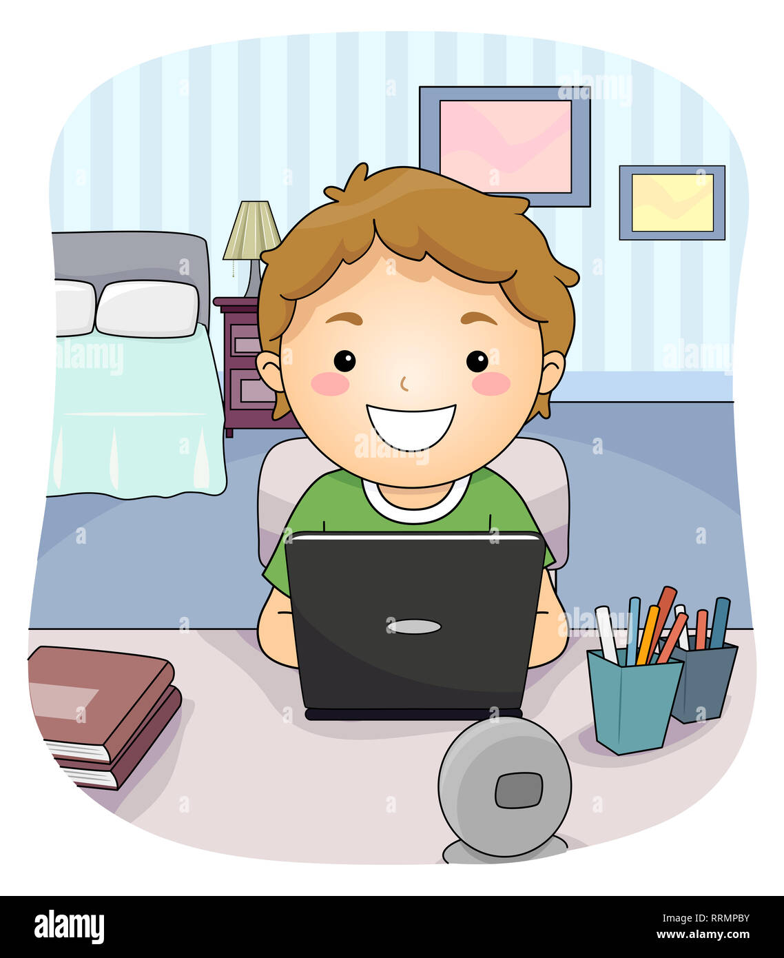 Illustration of a Kid Boy Using Laptop and Studying in His Bedroom ...