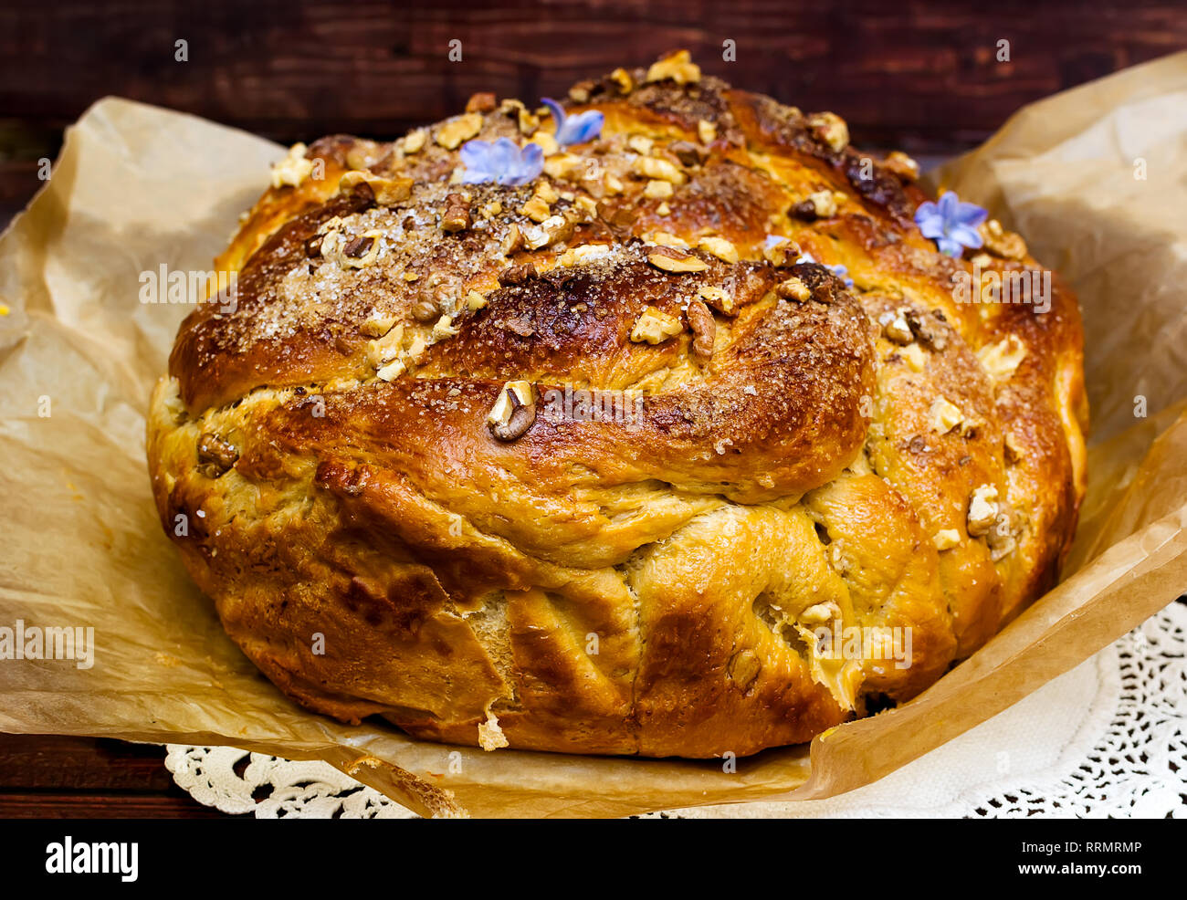 Sweet Easter bread with flowers decoration Stock Photo - Alamy