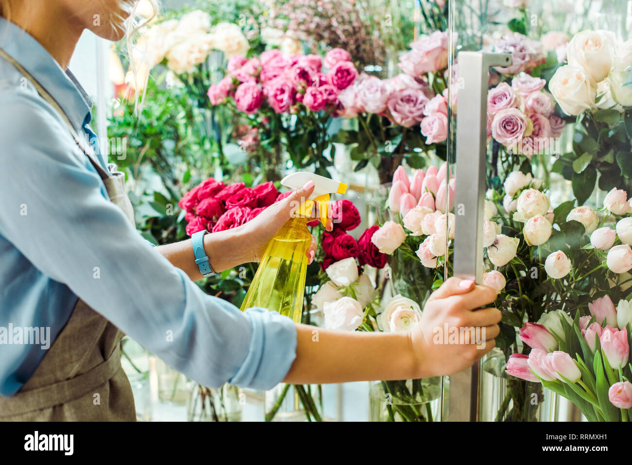 cropped view of female florist spraying flowers with spray bottle in ...