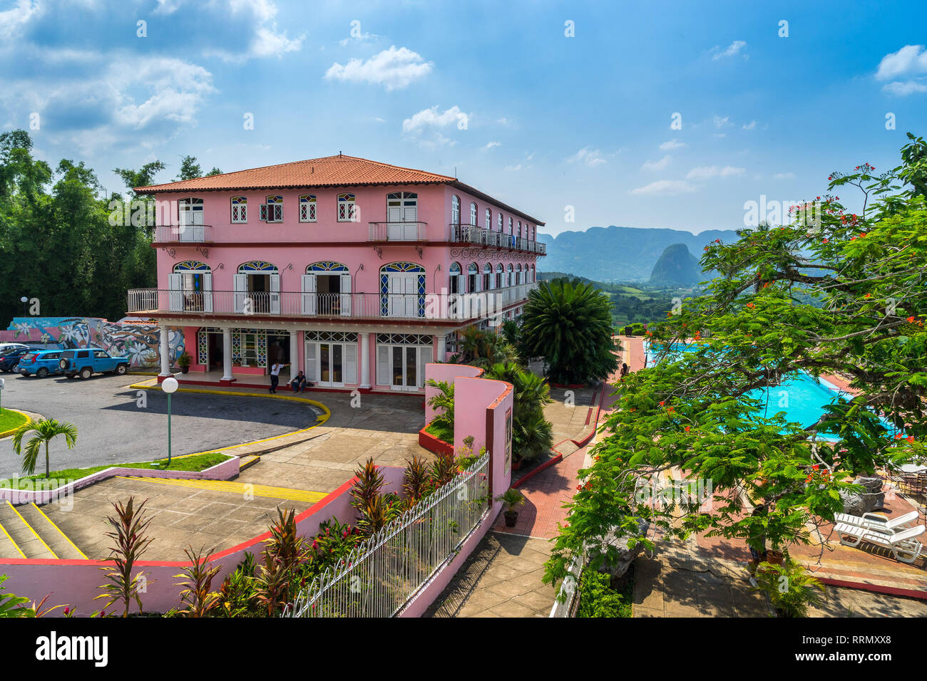 Vinales, Cuba - Hotel Los Jazmines pink hotel Stock Photo - Alamy